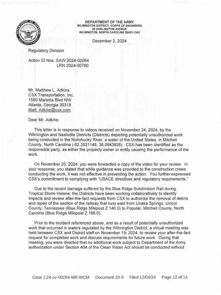Army Corps Dec. 2 Letter to CSX | PDF