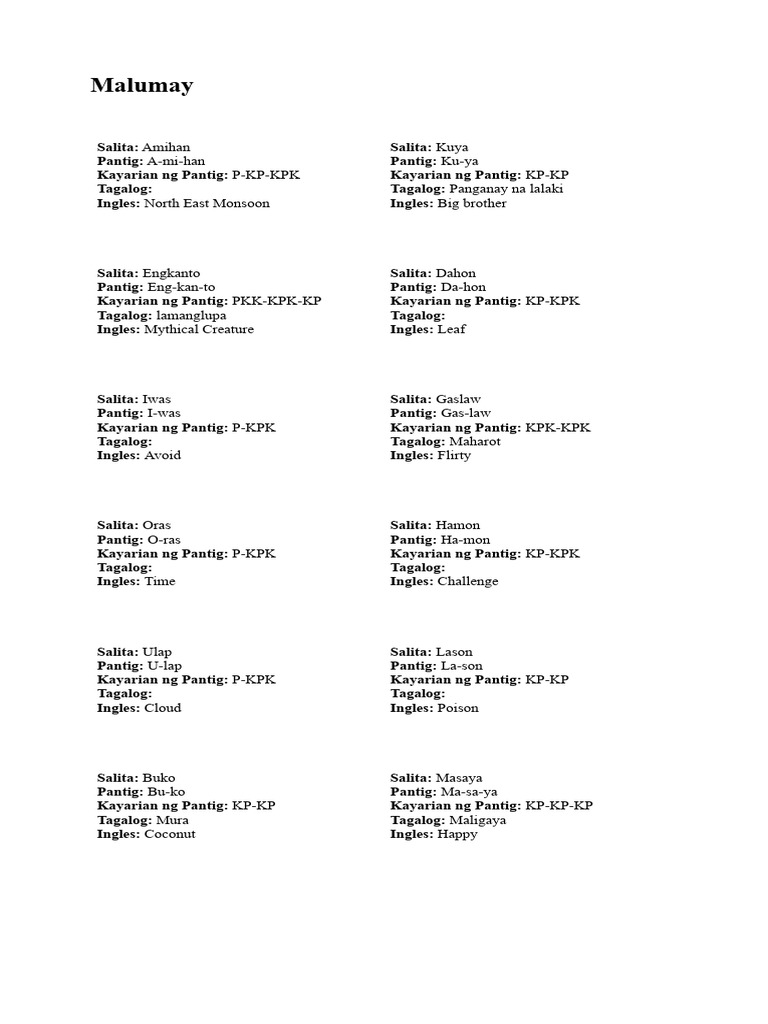 Malumay, Malumi, Mabilis, Maragsa 2 | PDF