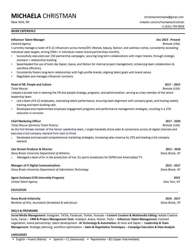 Michaela Christman - Talent Manager Resume | PDF | Business | Human Communication