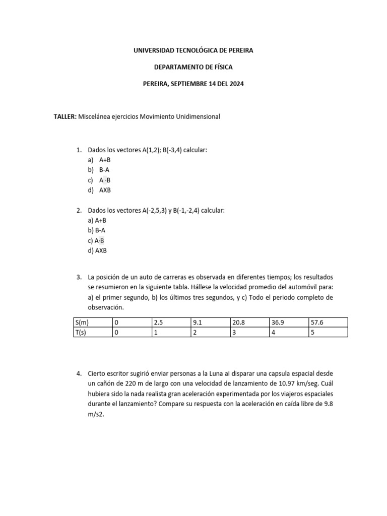 Miscelánea Ejercicios Movimiento en Una Dimensión | PDF | Velocidad