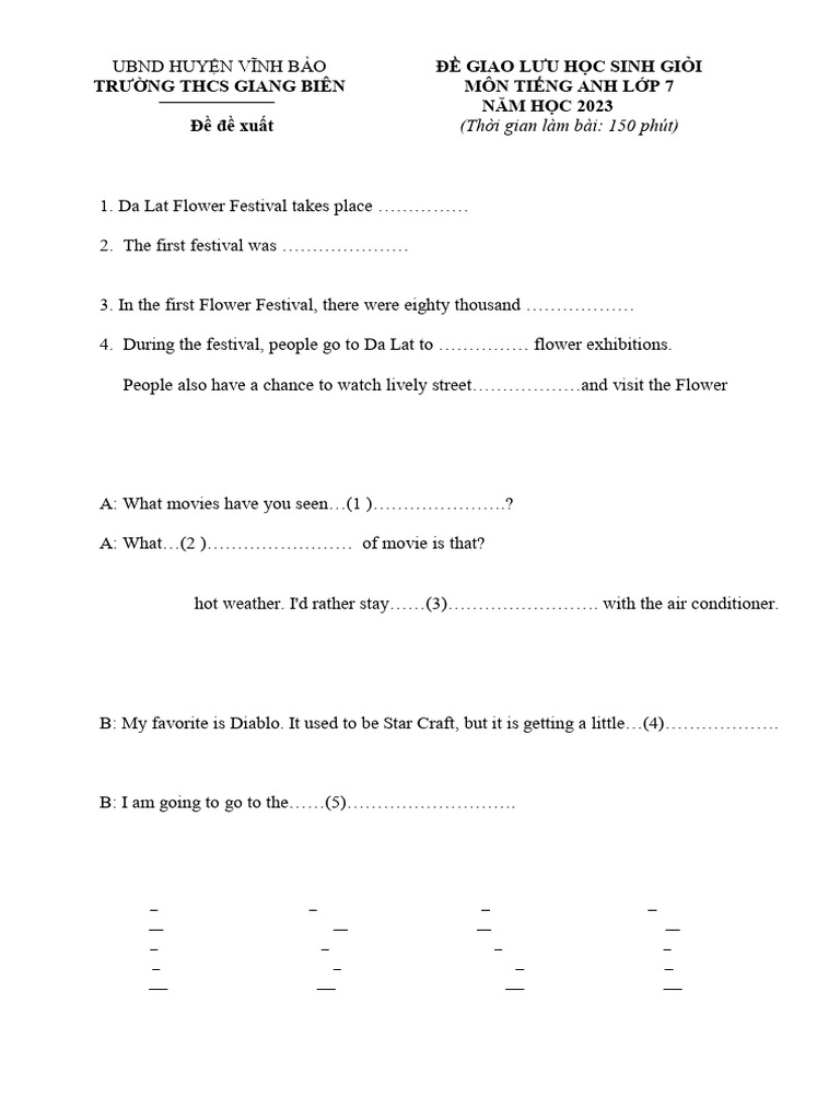 5-De Thi HSG Tieng Anh Lop 7-2023-2024-Giang Bien-Hai Phong | PDF | Easter