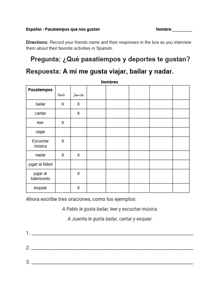 Pregunta: ¿Qué Pasatiempos y Deportes Te Gustan? Respuesta:: A Mí Me ...