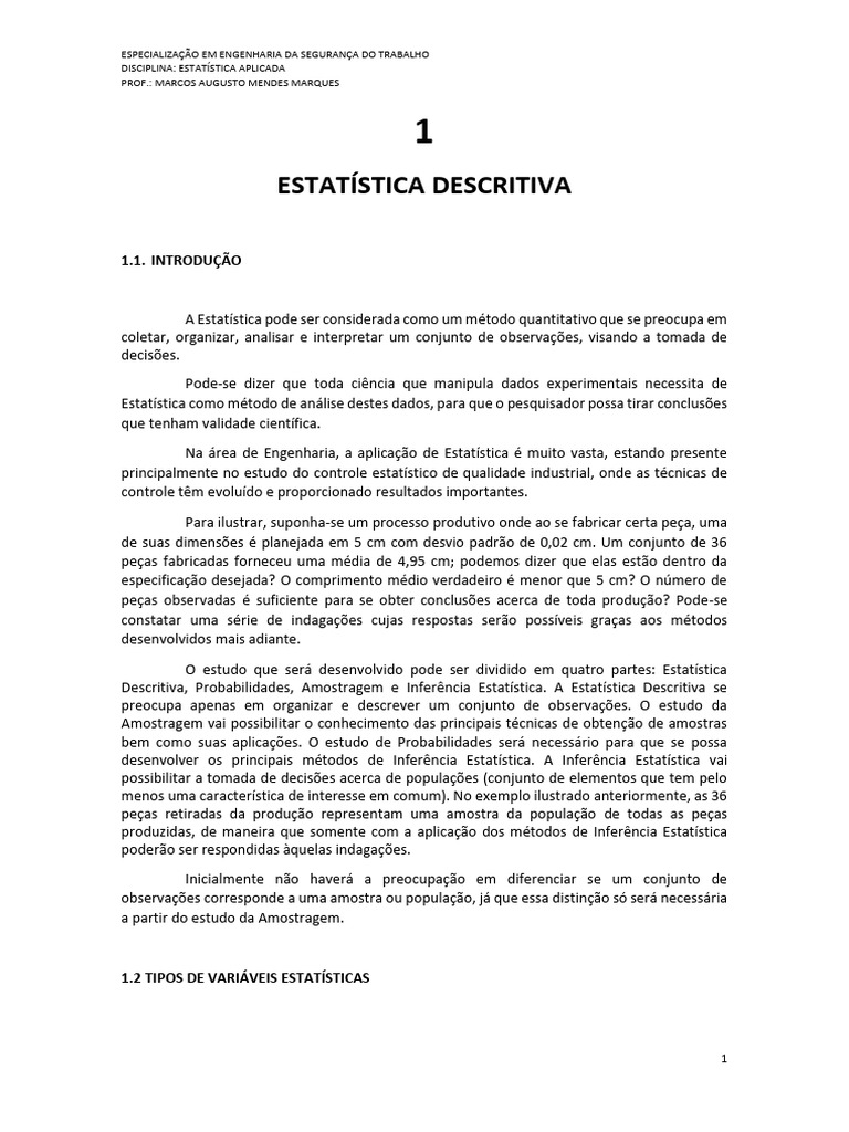 Estatística Aplicada na Engenharia | PDF | Modo (Estatística) | Variação