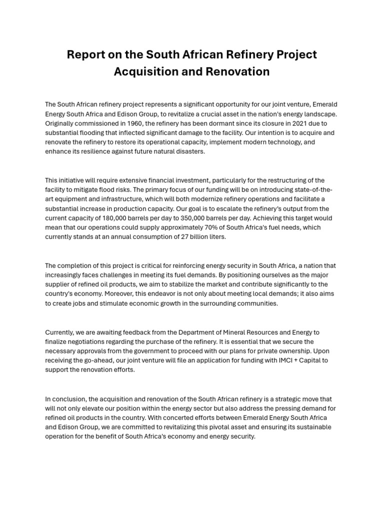 Report on the South African Refinery Project Acquisition and Renovation ...