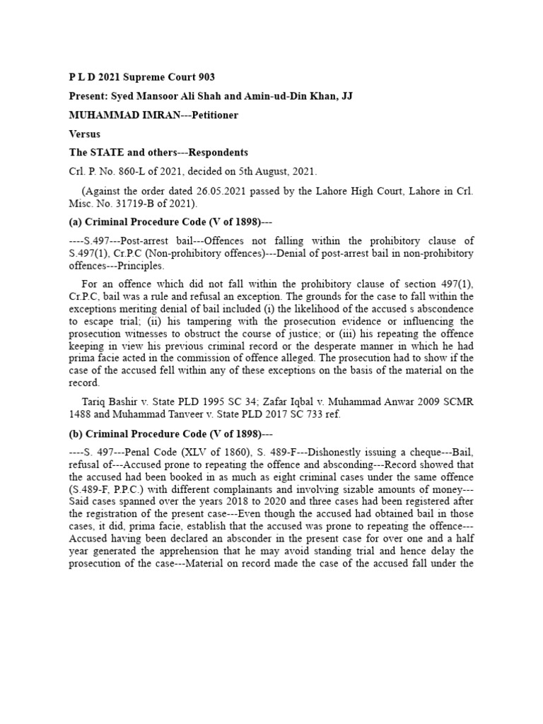 P L D 2021 Supreme Court 903 | PDF | Bail | Legal Action