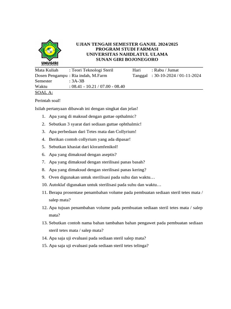 Soal Uts-Teori - Steril.sem 3a-3b Ria | PDF
