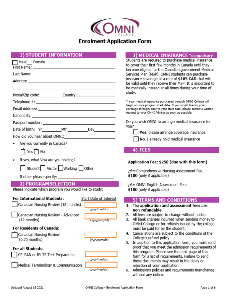 OMNI College Enrolment Application Form | PDF | International English ...