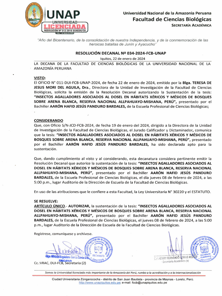 Resolución Decanal N°034-2024-Fcb-Unap | PDF