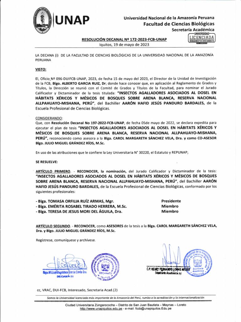 Resolucion Decanal N° 172-2023-FCB-UNAP | PDF