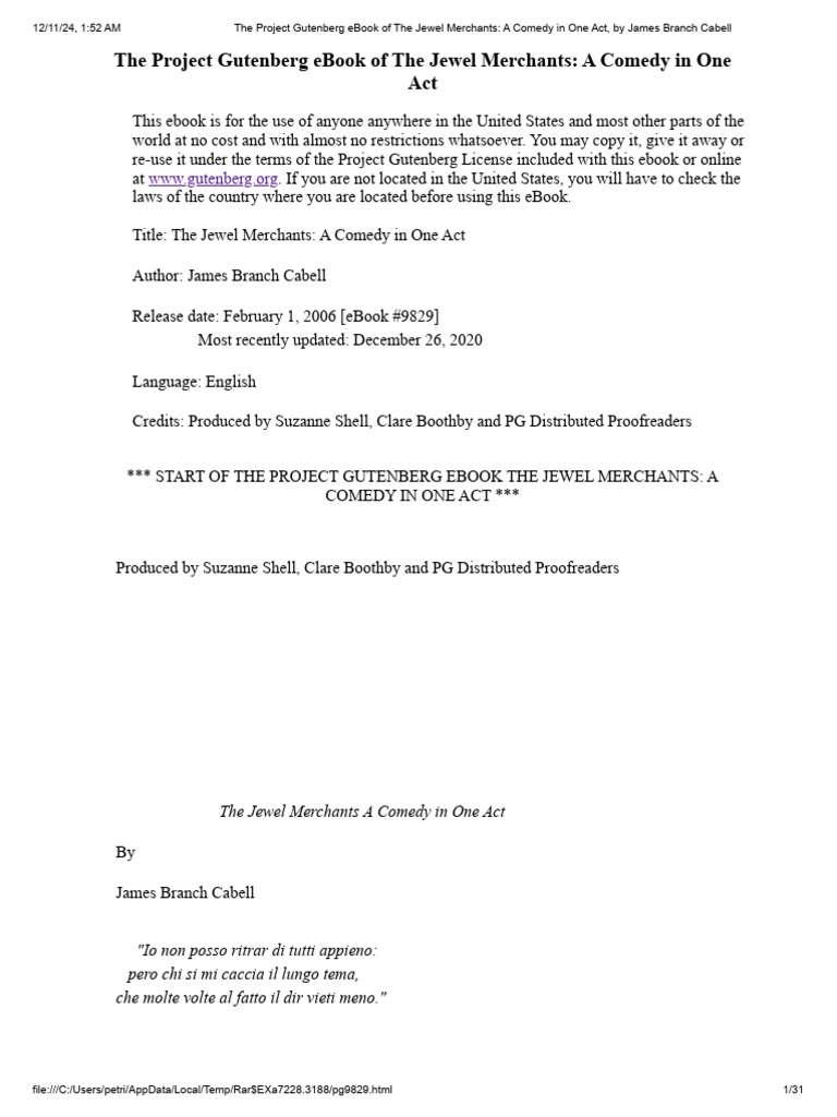 The Project Gutenberg Ebook of The Jewel Merchants - A Comedy in One ...