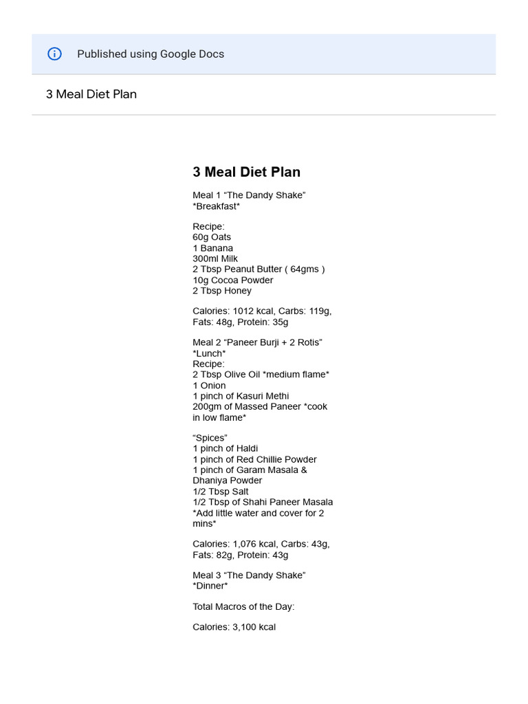 3 Meal Diet Plan | PDF