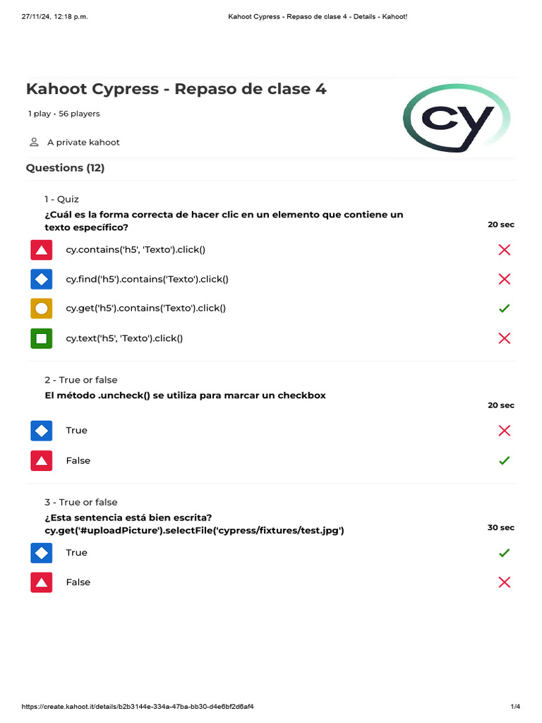 Kahoot Cypress - Repaso de Clase 4-2 | PDF | Ingeniería de software | Software