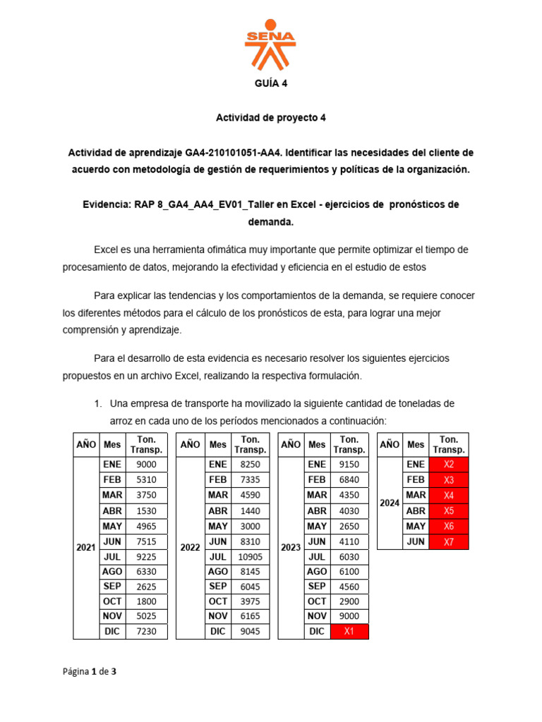 Evidencia RAP 8 - GA4 - AA4 - EV01 - Taller en Excel - Ejercicios de Pronósticos de Demanda ...