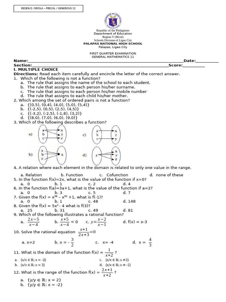 General Mathematics 1st Periodic Exam | PDF | Function (Mathematics ...