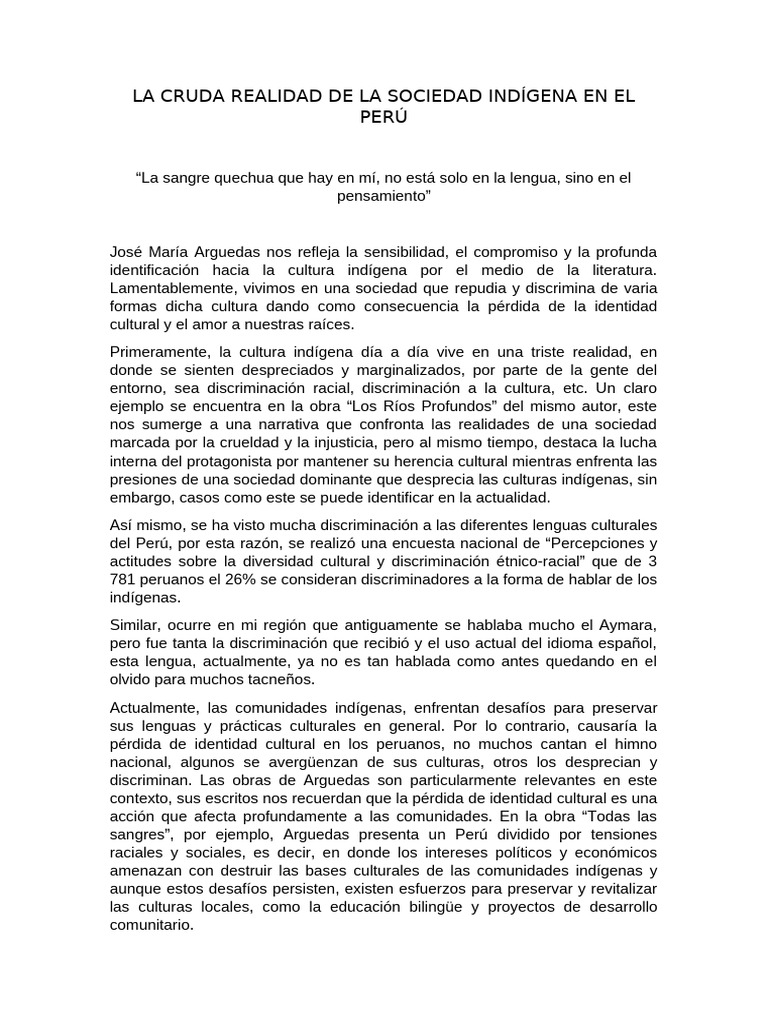 La Cruda Realidad de La Sociedad Indígena en El Perú - Ensayo de Arguedas | PDF | Perú ...