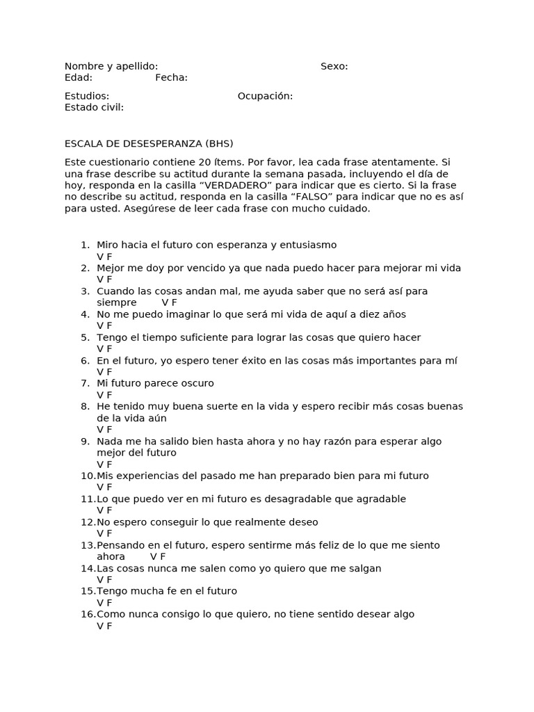 Escala de Desesperanza - BHS | PDF