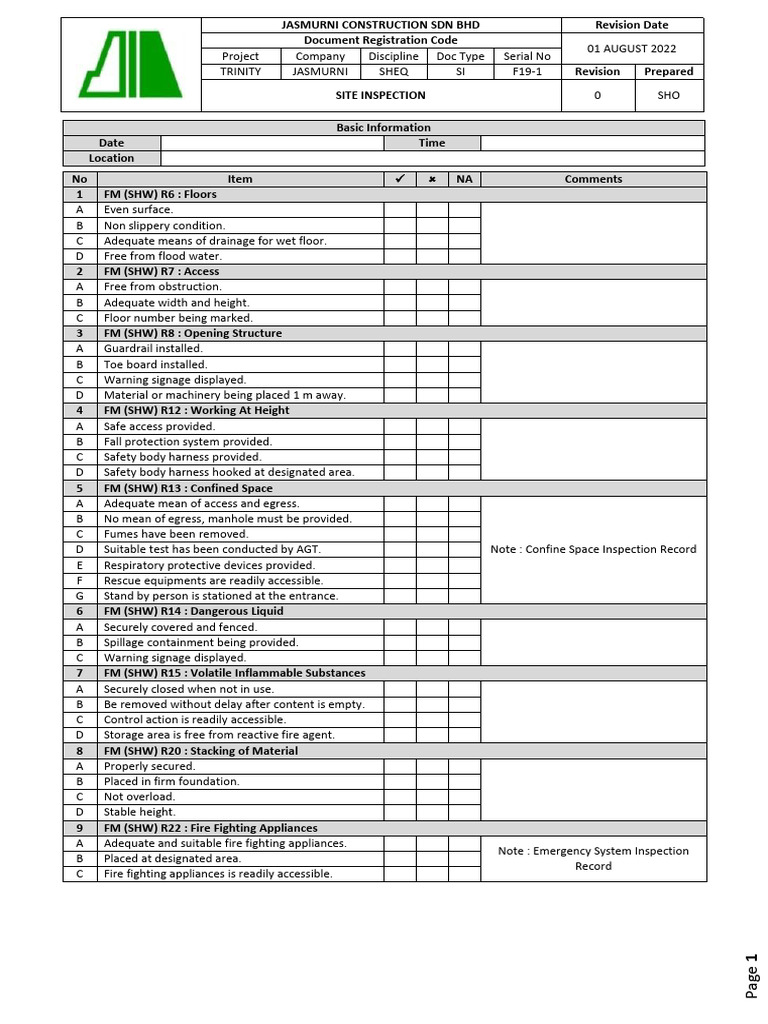 Site Inspection Checklist Overview | PDF | Safety