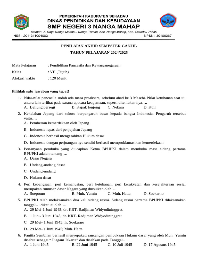 Soal UAS PPKN Ganjil Kelas 7 2024 | PDF