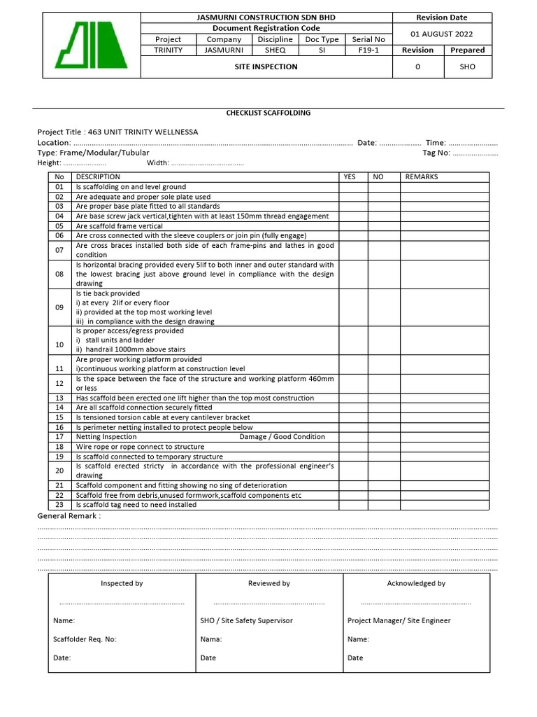 (Format A4) F19-2 Scaffold Inspection Form II | PDF | Scaffolding ...
