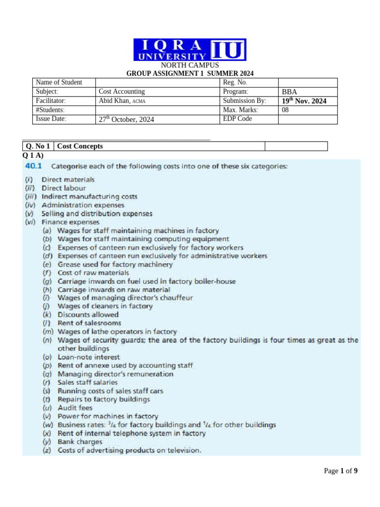 Cost Accountign-Group Assignment 1 | PDF | Cost | Financial Economics