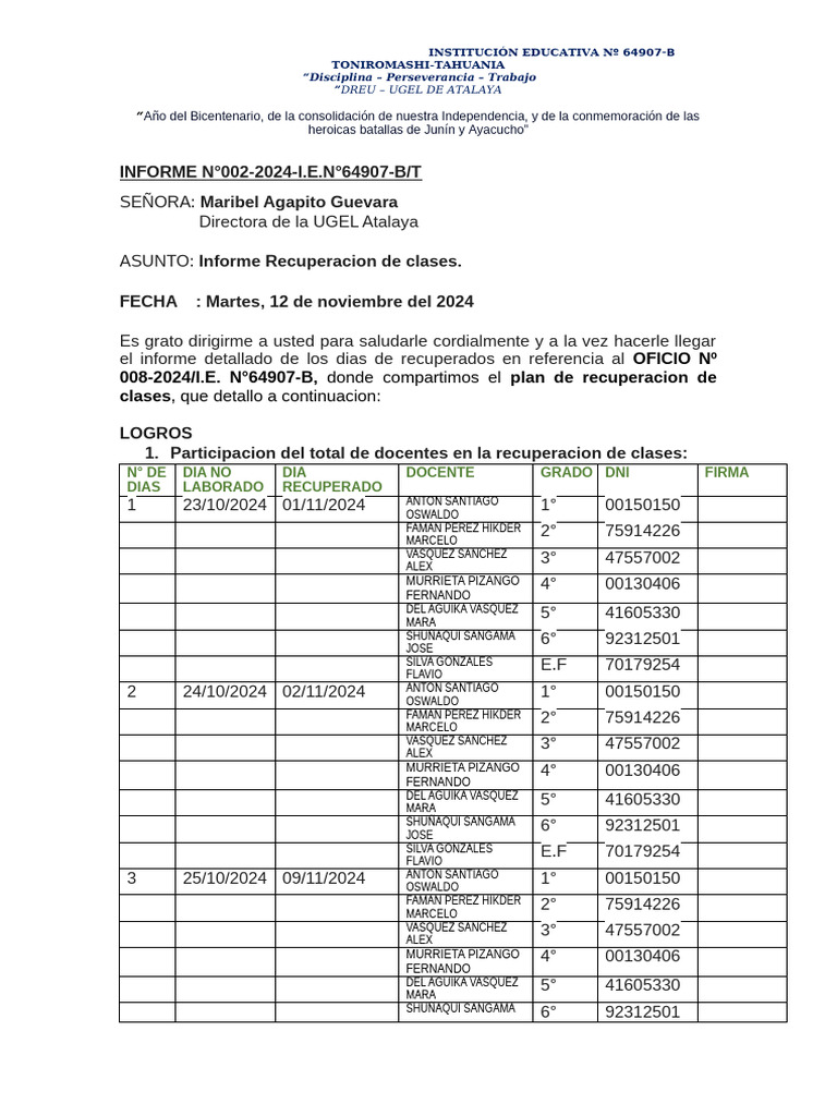 Informe Recuperacion de Clases | PDF