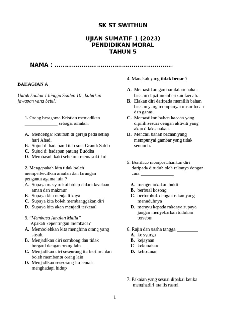 30966536_Soalan_Moral_Tahun_5 | PDF