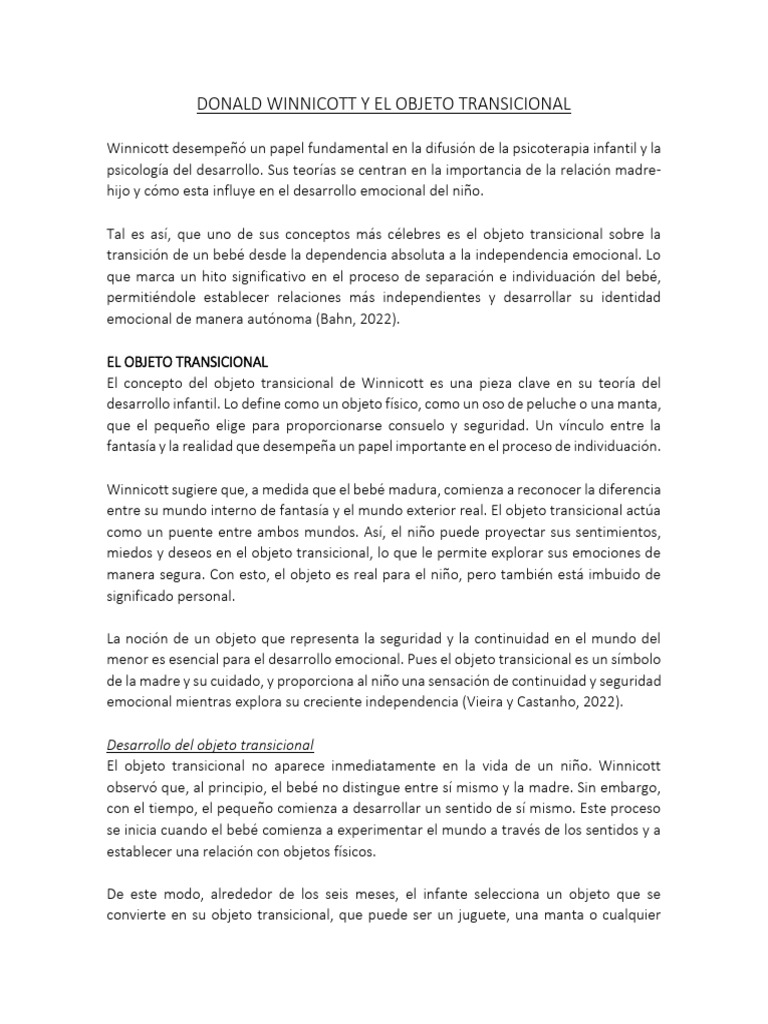 Resumen - Donald Winnicott y El Objeto Transicional | PDF | Las ...