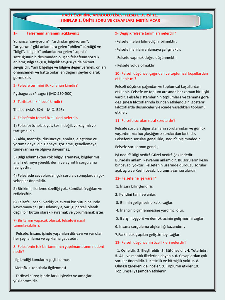 Sınıflar 1. Ünite Ders Notu Metin Acar | PDF