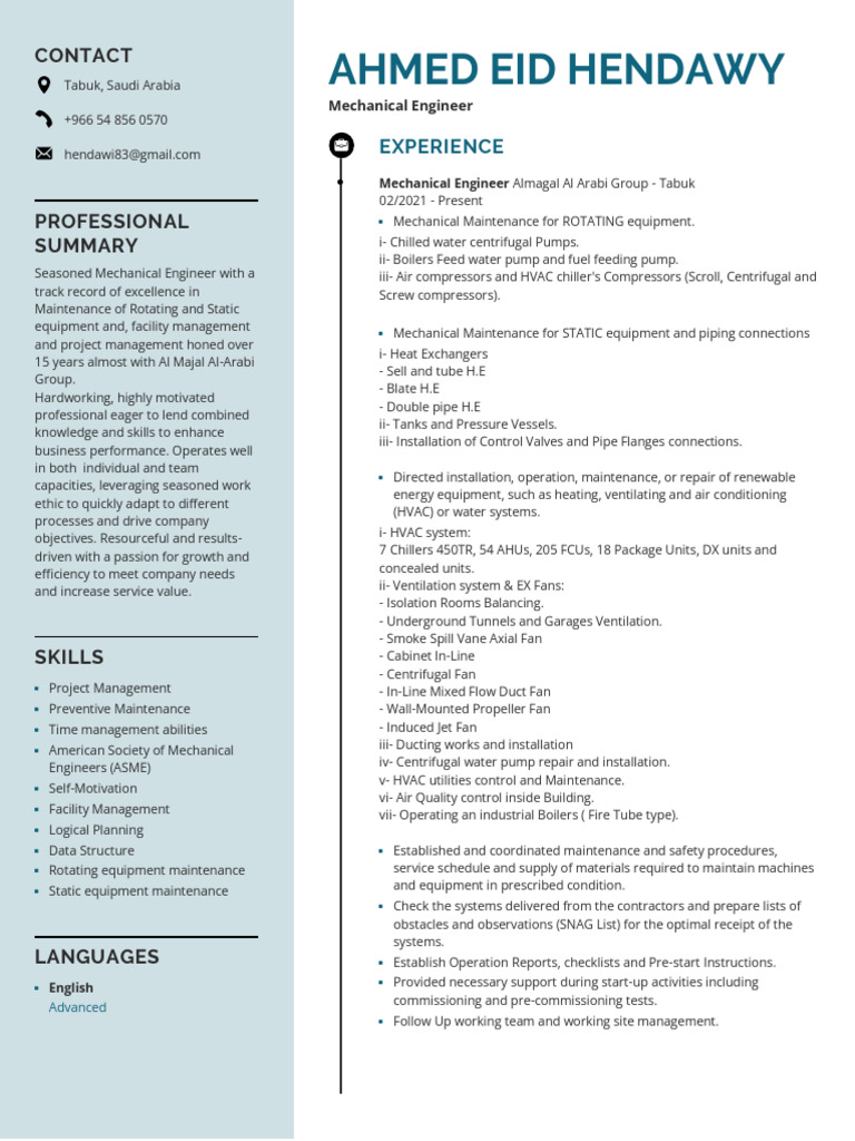Mechanical Engineer Resume - 15 Years Experience | PDF | Pump | Boiler