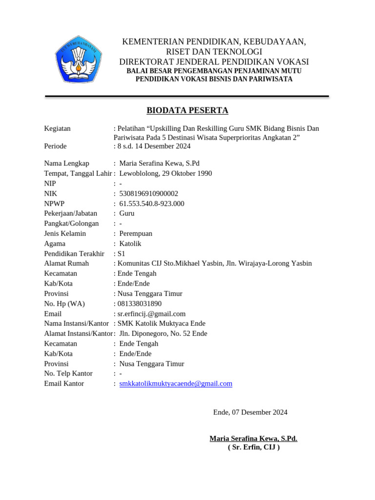 Biodata SR Erfin 2024 | PDF