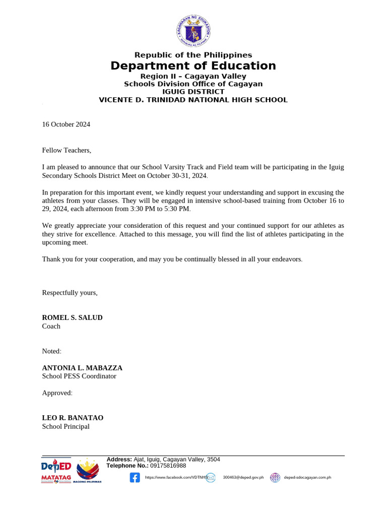 Athletes Excuse Letter Run | PDF