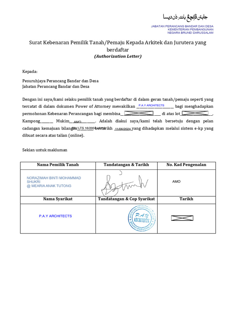 KP - Surat Kebenaran Pemilik Tanah Atau Pemaju (Authorization Letter) 2 | PDF