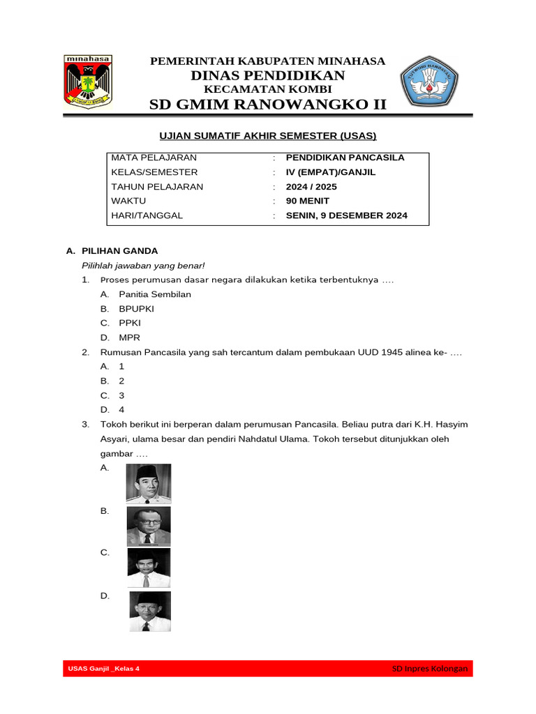 Gmim Rko II Soal PEND. PANCASILA-USAS Semester Ganjil IKM Kelas 4 | PDF