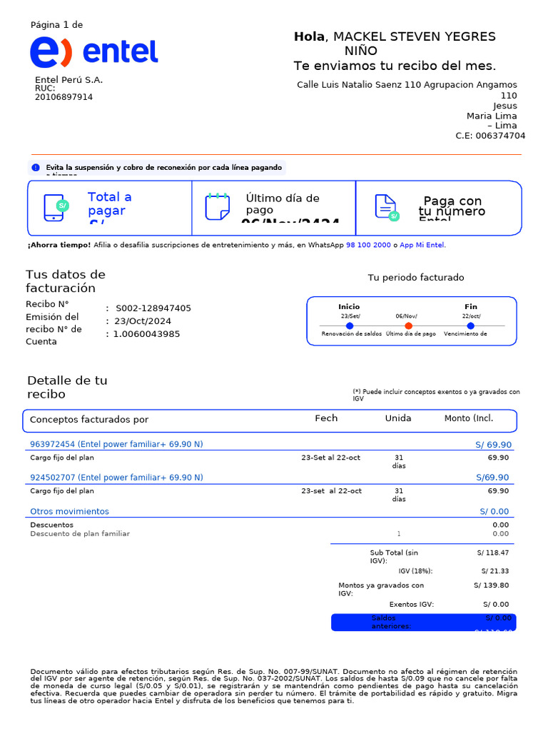 Recibo Mensual de Entel Perú - Octubre 2024 | PDF