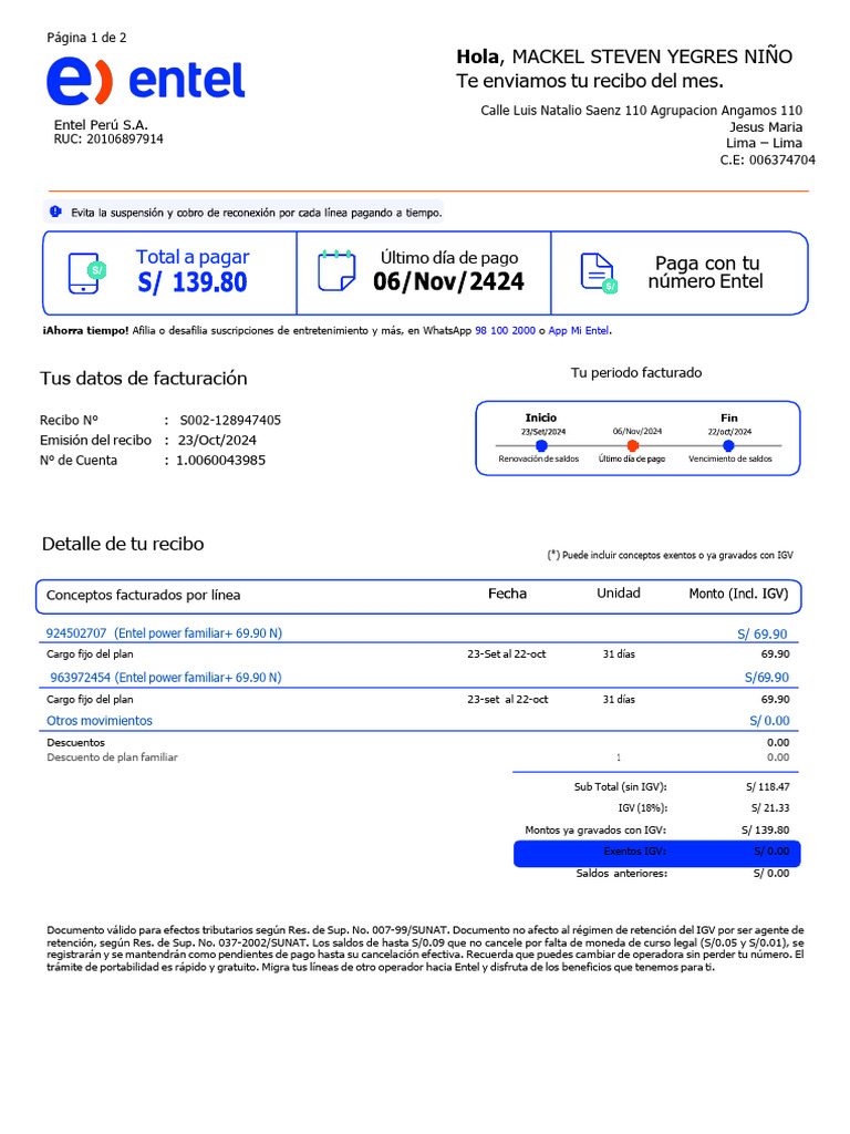 Recibo de Pago Entel - Octubre 2024 | PDF | Industrias de servicio ...