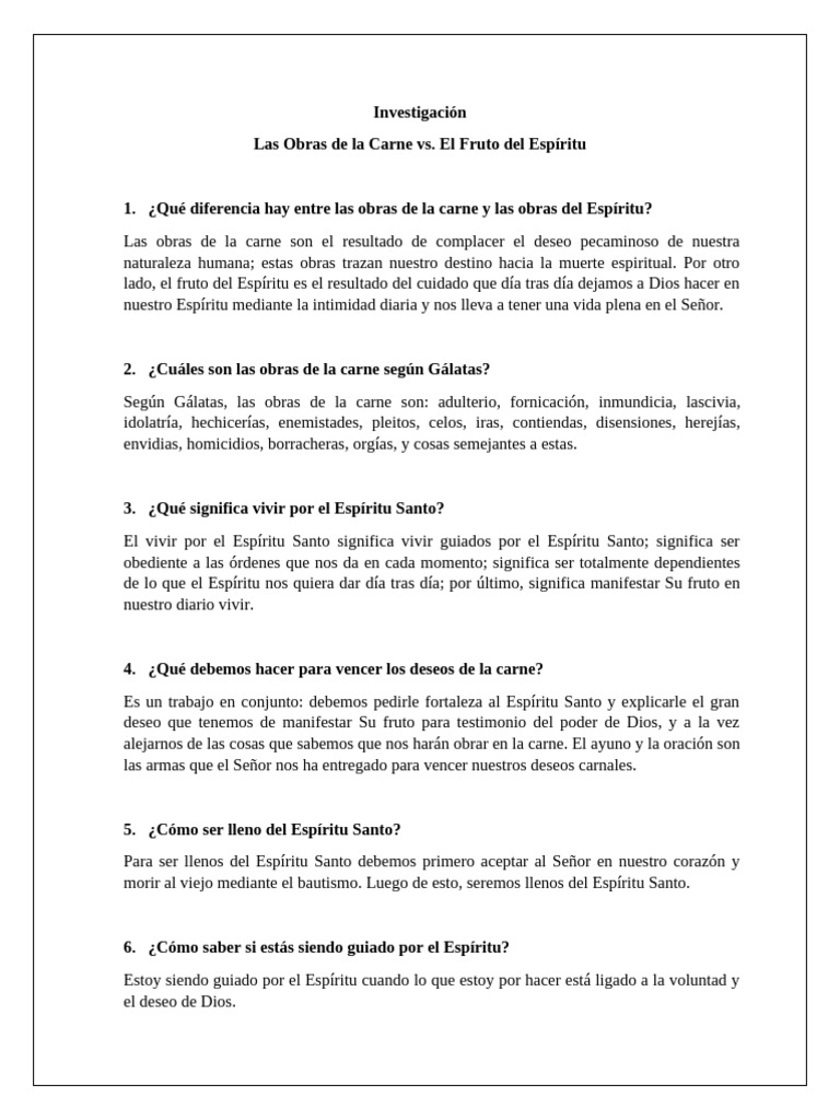 Obras de la Carne y Fruto del Espíritu | PDF