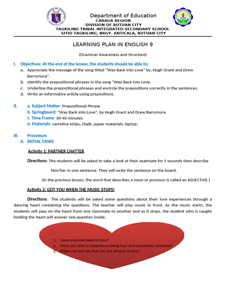 lesson plan demo | PDF | Part Of Speech | Preposition And Postposition