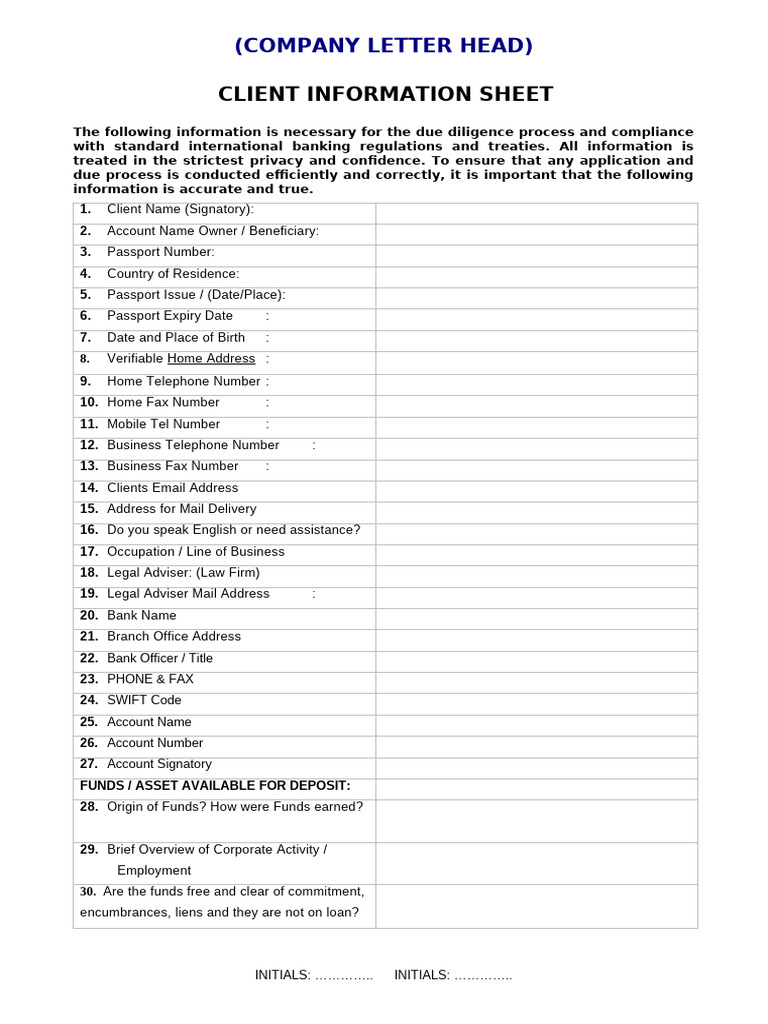 Client Information Sheet | PDF | Banks | Business