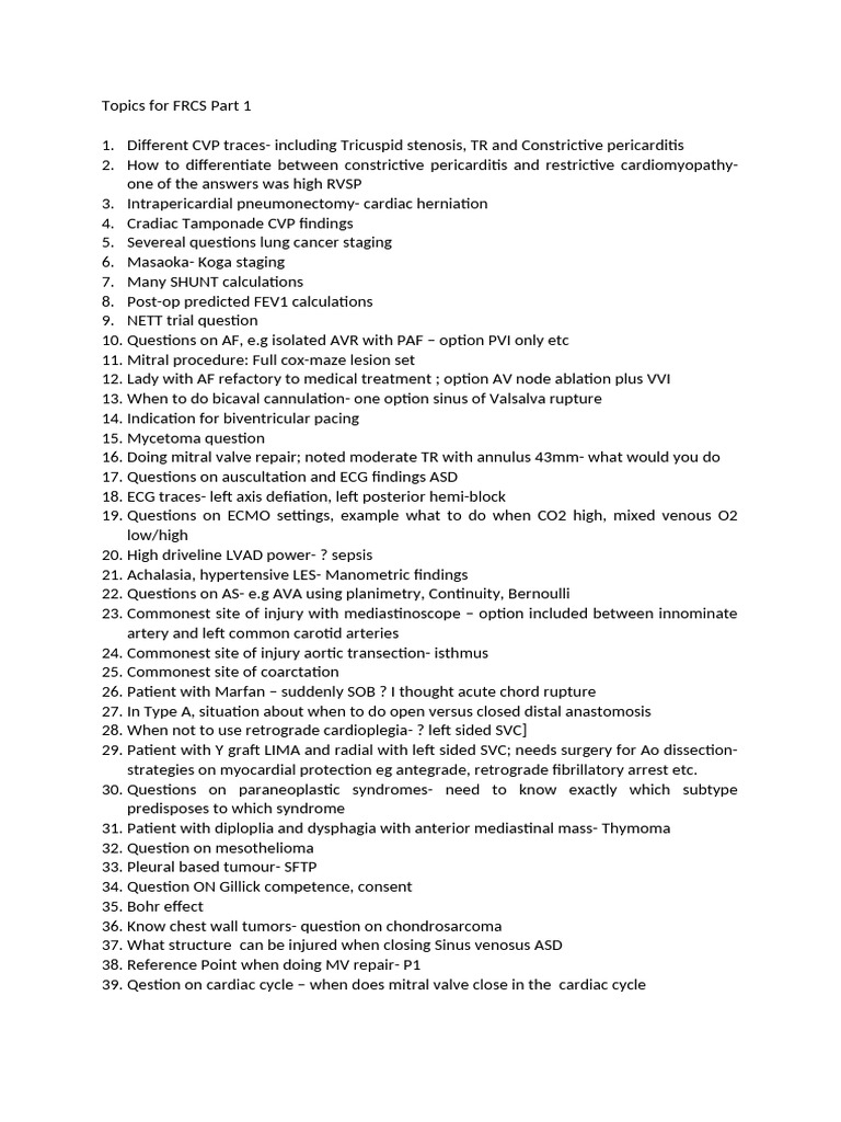 FRCS Part 1 Exam Topics Overview | PDF | Heart | Cardiovascular System