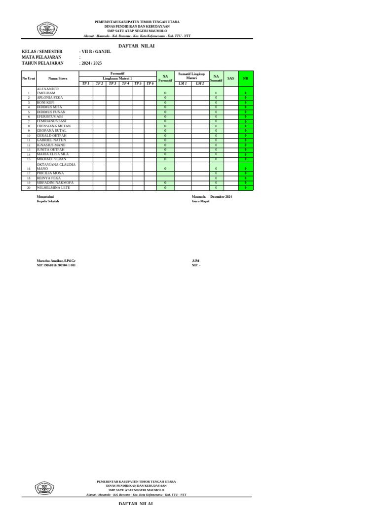 Format Nilai Pas 24 25 Ganjil Kumer | PDF