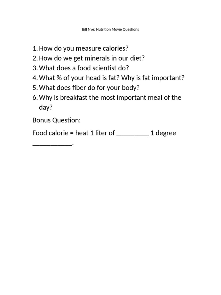 Bill Nye Nutrition Questions | PDF