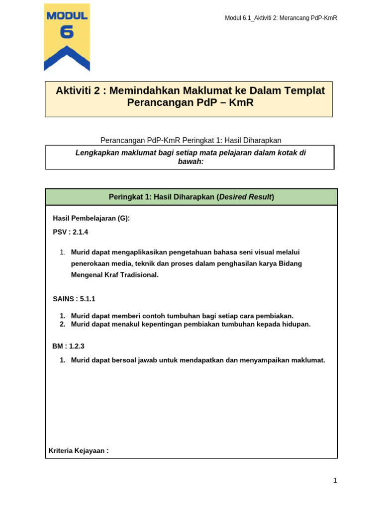 Toolkit 6.1 - Aktiviti 2 Perancangan PdP KmR | PDF