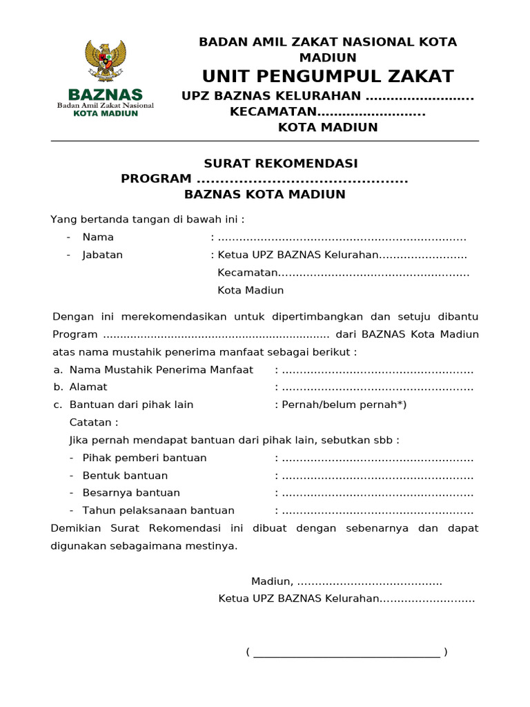 SURAT REKOM UPZ BAZNAS KEL (UMUM) (1) | PDF