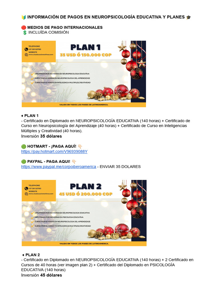 ? Información de Pagos Neuropsicología Educativa y Planes ?-1 | PDF