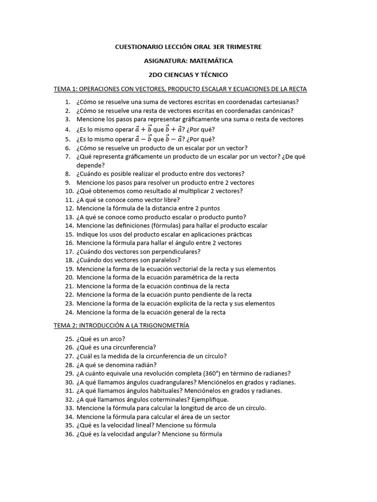 Cuestionario 1 Lección Oral 2bgu-Tec | PDF | Vector Euclidiano | Línea ...