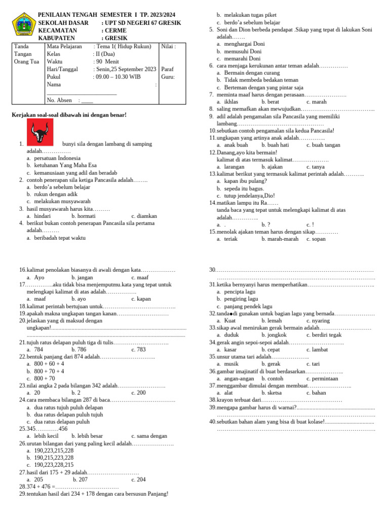 PTS KELAS 2 TEMA 1 T A 2023 - 2024 | PDF