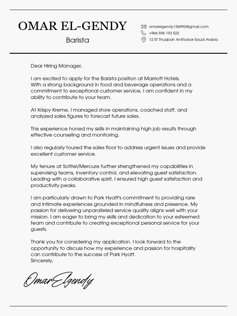Cover Letter Barista Marriott | PDF