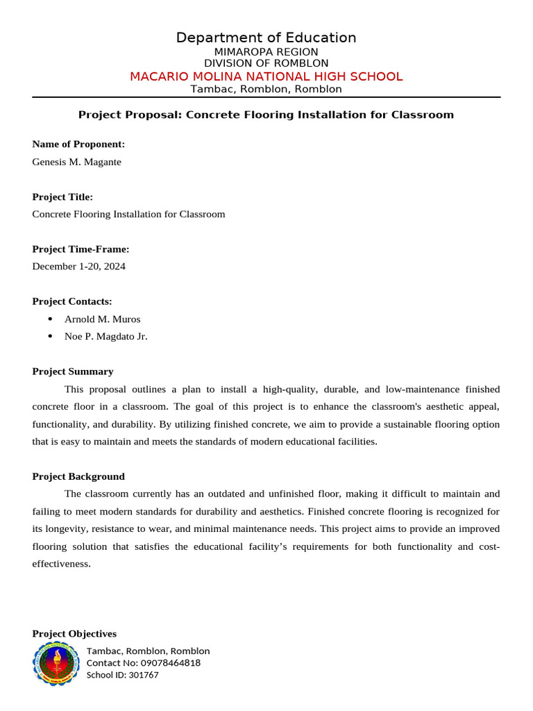 Project Proposal Sample | PDF | Concrete | Flooring