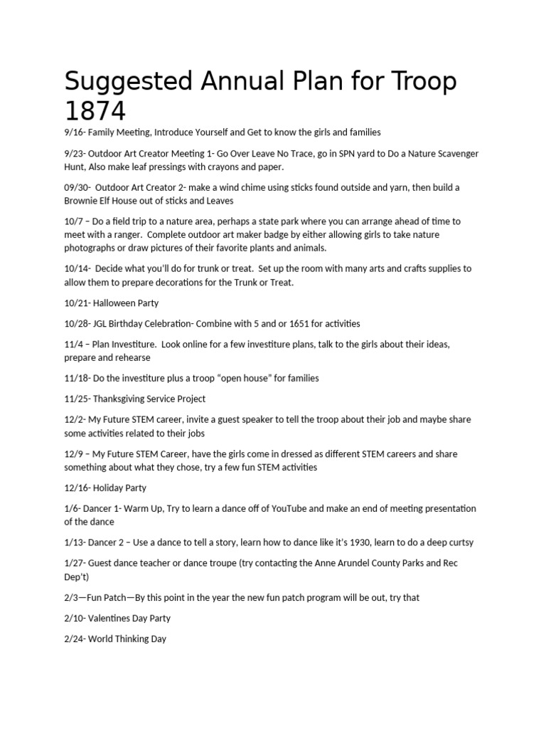 Suggested Annual Plan For Troop 1874 | PDF