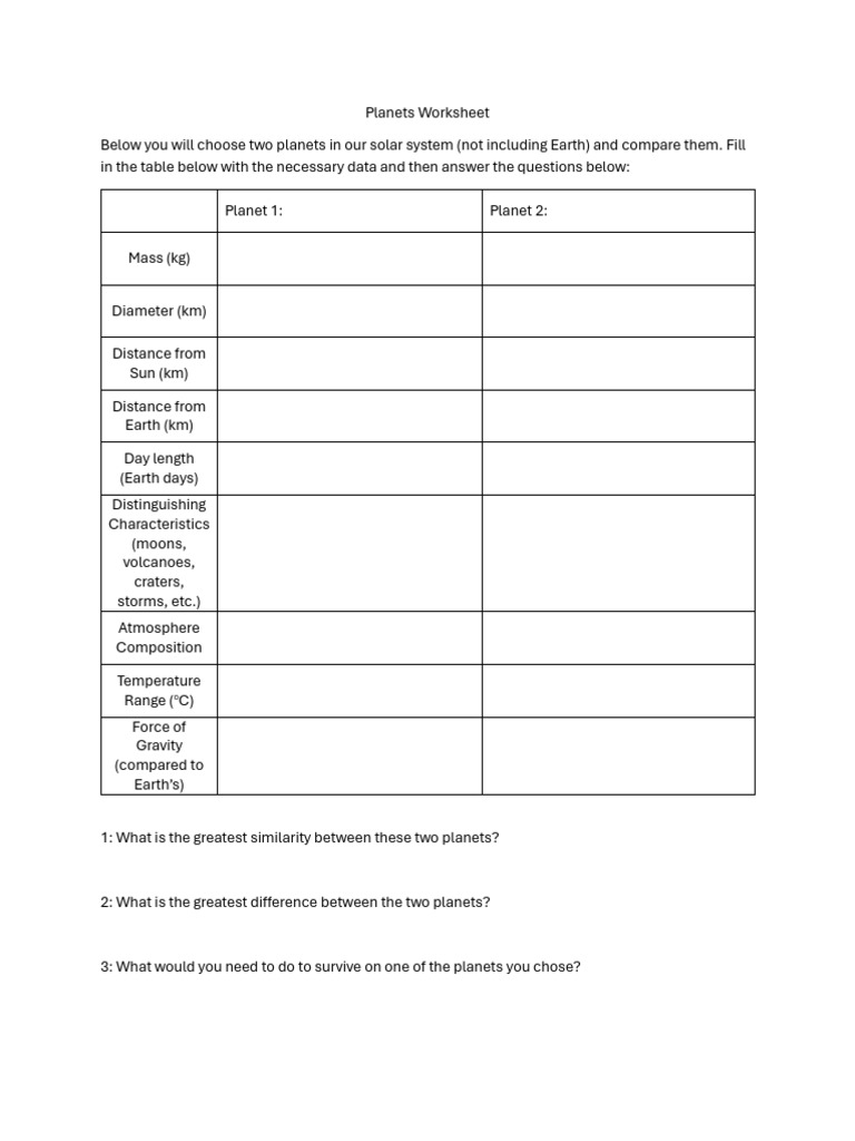 Planet Comparison Worksheet | PDF | Planets | Jupiter